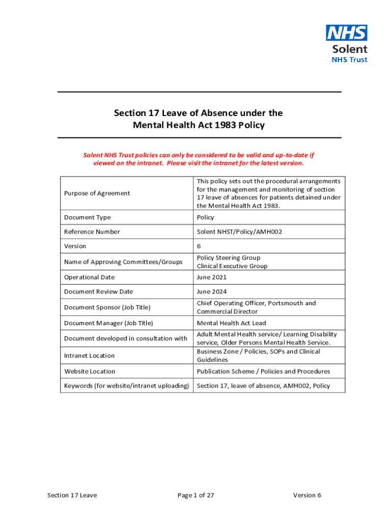 Fillable Online Section 17 Leave of Absence under the Mental Health Act ...