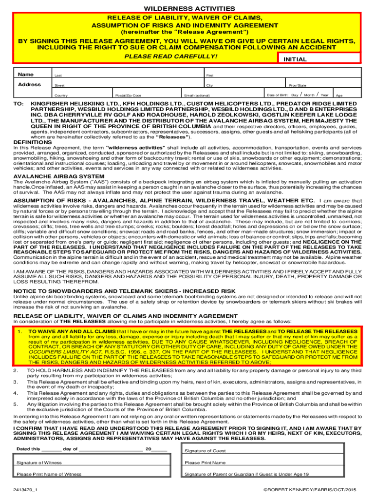 Fillable Online GENERAL WILDERNESS ACTIVITIES RELEASE OF LIABILITY ...