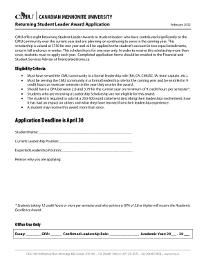 Fillable Online CMU Returning Leader Award Application Fax Email Print ...
