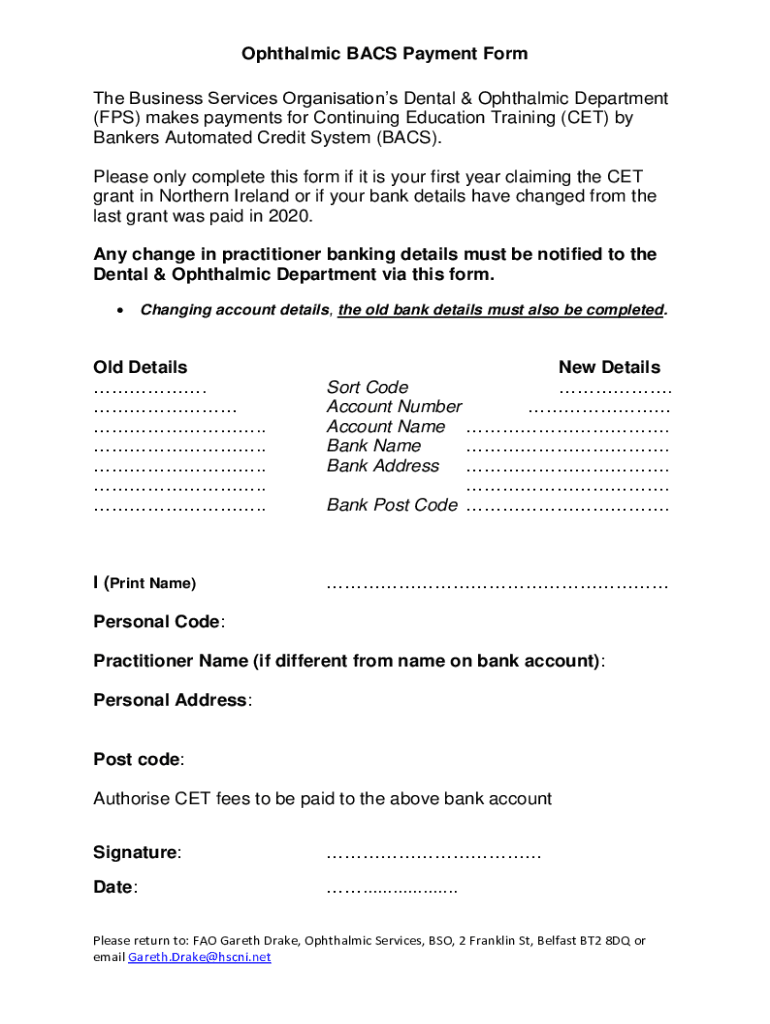 Fillable Online hscbusiness hscni Ophthalmic BACS Payment Form Fax ...