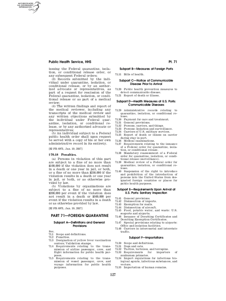 Fillable Online eCFR :: 42 CFR Part 71 -- Foreign QuarantineeCFR :: 42 ...