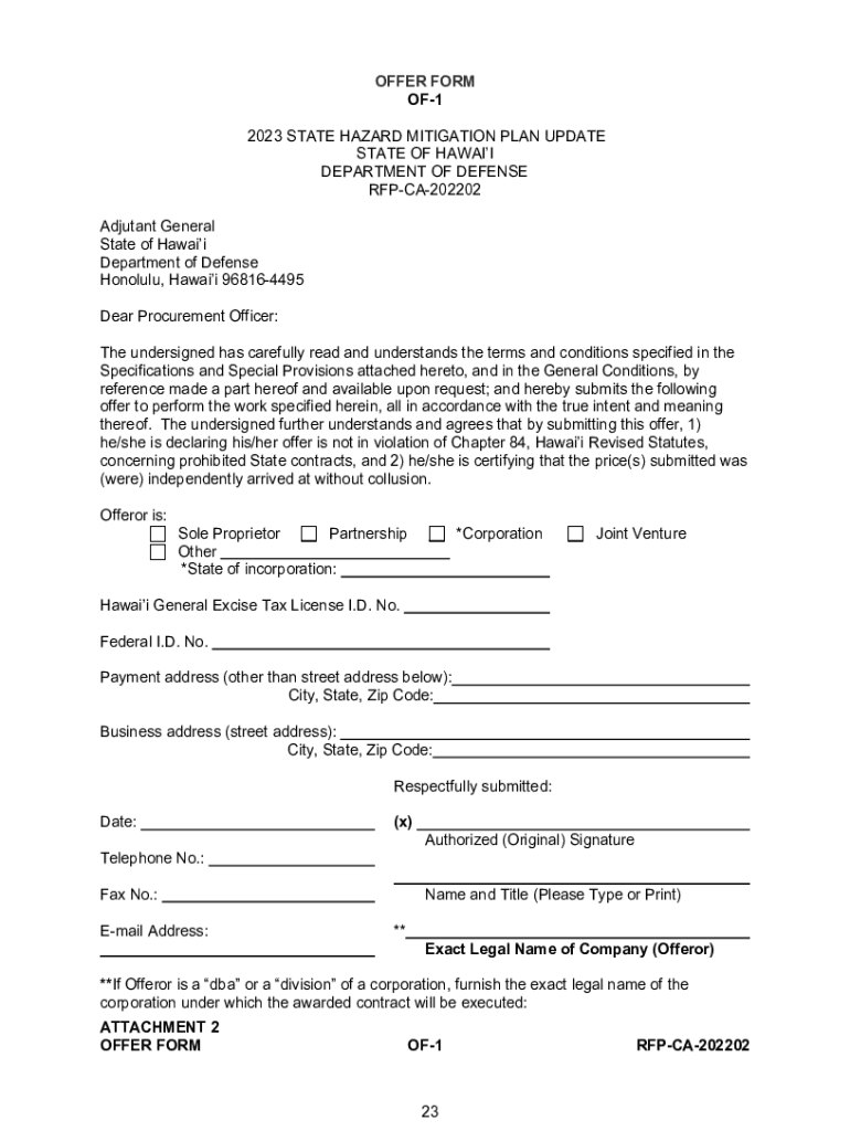 Fillable Online OFFER FORM OF-1 2023 STATE HAZARD MITIGATION PLAN ... Fax Email Print - pdfFiller