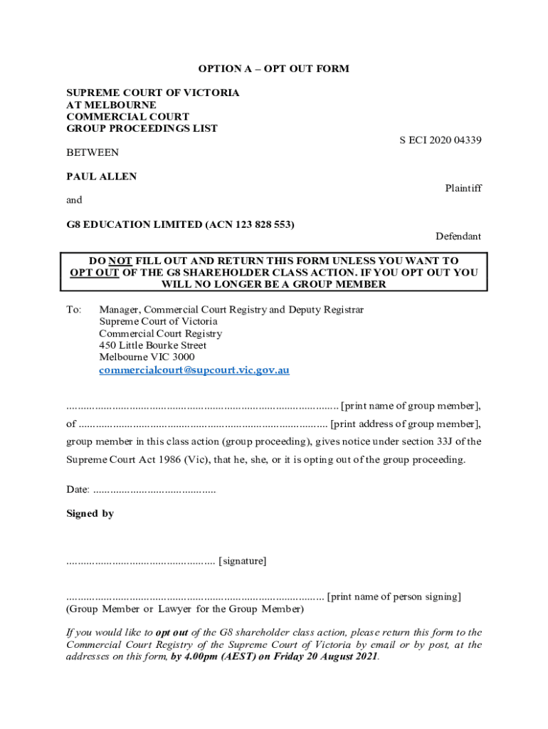 Fillable Online www.supremecourt.vic.gov.ausitesdefaultOPTION AOPT OUT ...