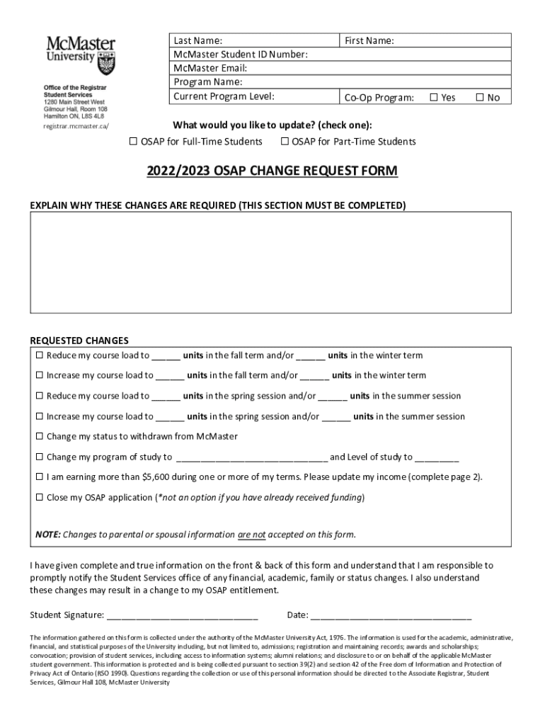 Fillable Online registrar.mcmaster.cawp-contentuploads2022/2023 OSAP ...