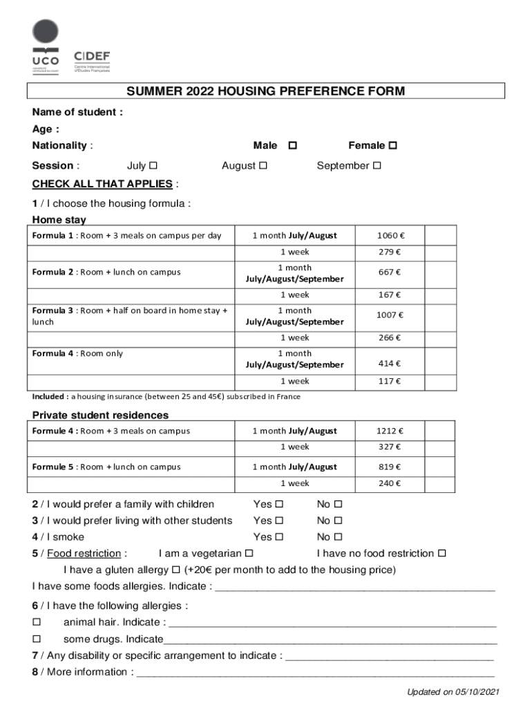 Fillable Online HOUSING PREFERENCE FORM Fax Email Print - pdfFiller