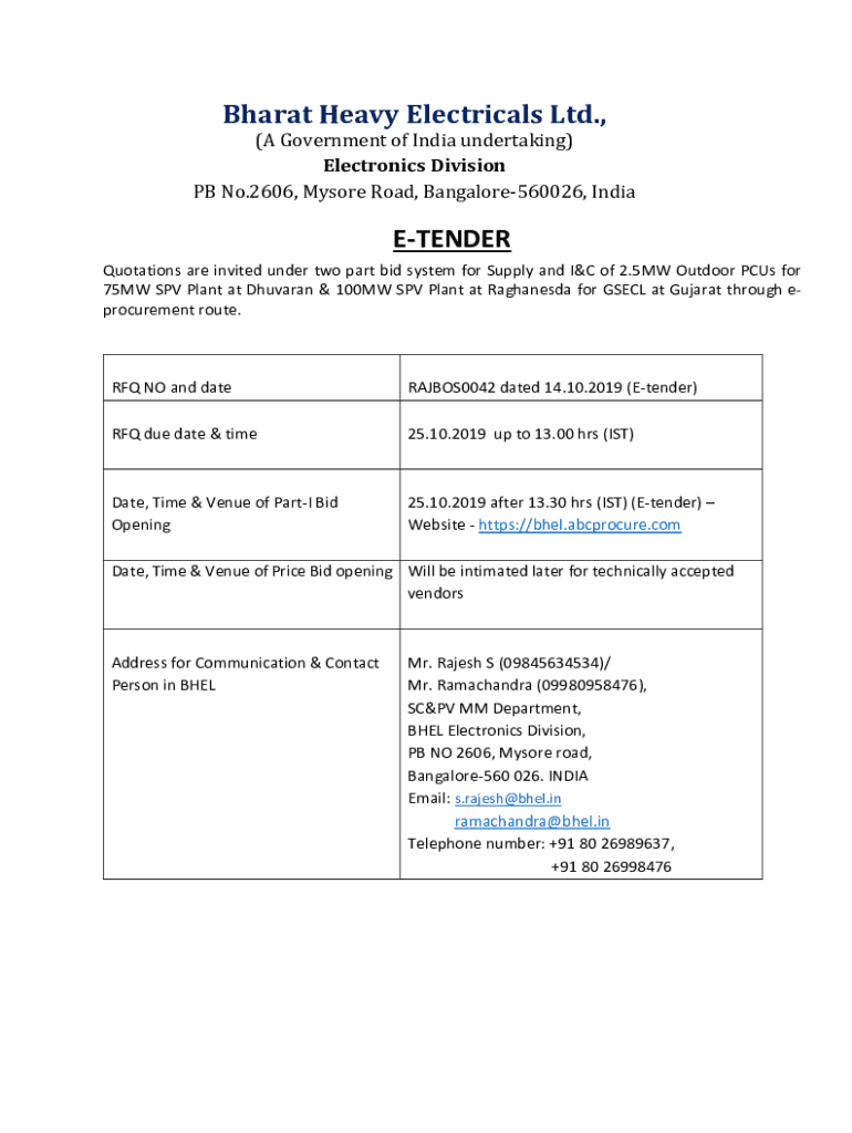 Fillable Online E-TENDER Bharat Heavy Electricals Ltd., Fax Email Print - pdfFiller
