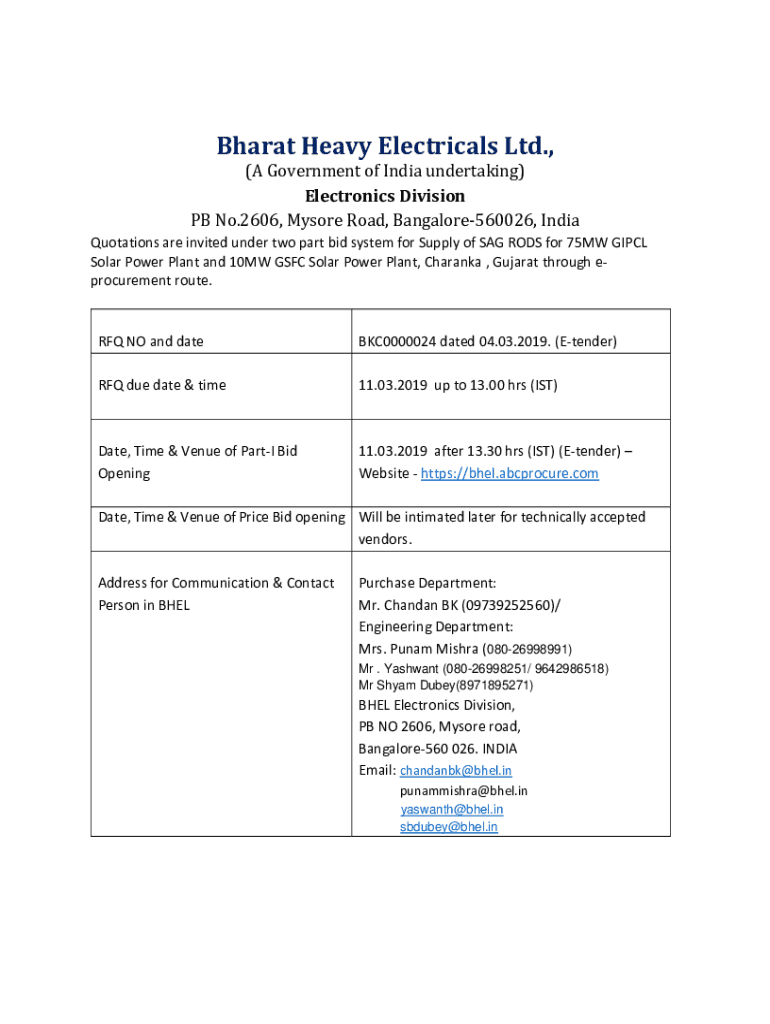 Fillable Online Bharat Heavy Electricals Ltd., - High Commission of India, Ottawa Fax Email ...