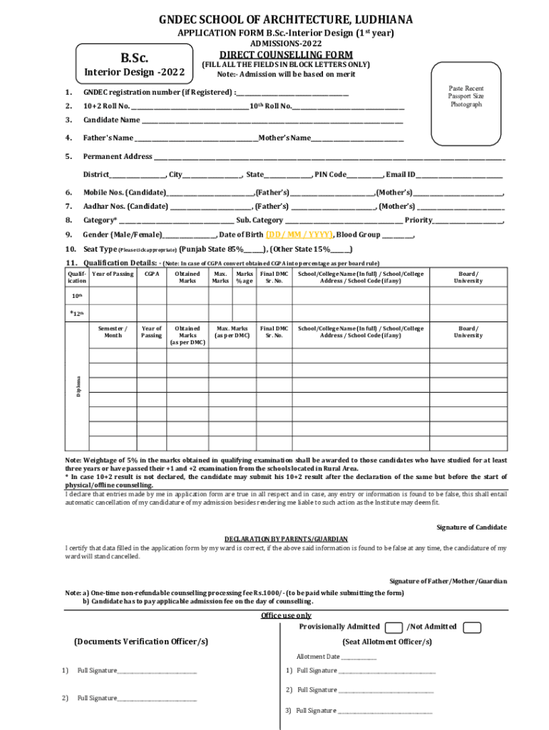 Fillable Online gndec ac gndec.ac.inDirect Admission to 1st Year B.Sc ...