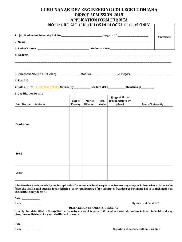 Fillable Online gndec ac FORM D.A. MCA-2019.doc Fax Email Print - pdfFiller