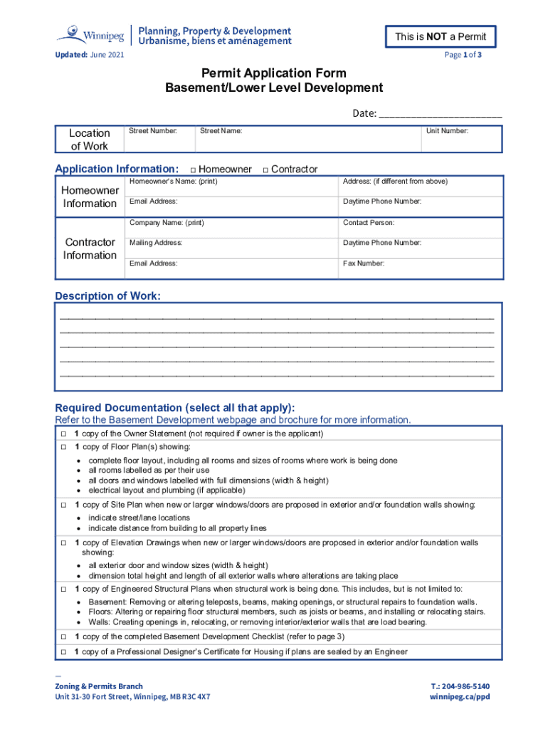 Fillable Online Permit Application Form Basement/Lower Level ...
