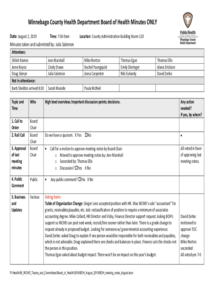 Fillable Online Winnebago County Health Department Board of Health ...