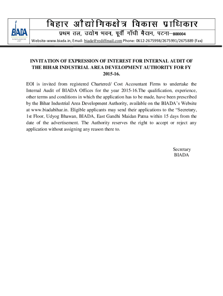 Fillable Online invitation of expression of interest for internal audit ...