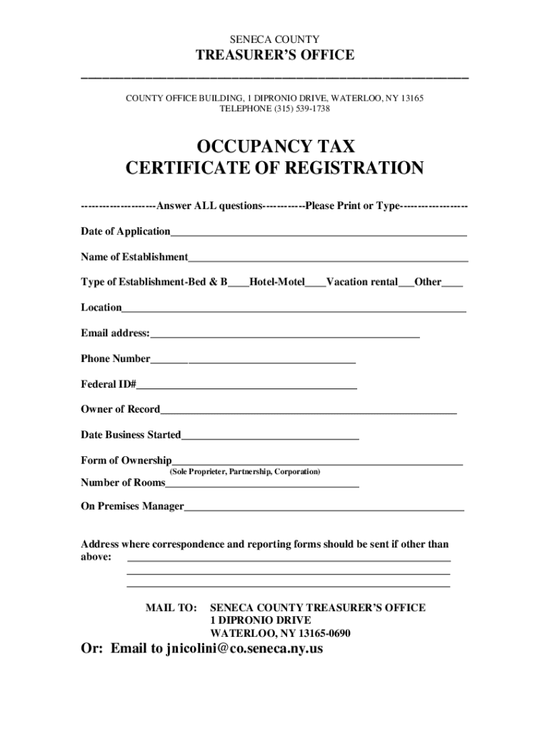 Fillable Online Occupancy Tax Certificate of registration - Seneca ...