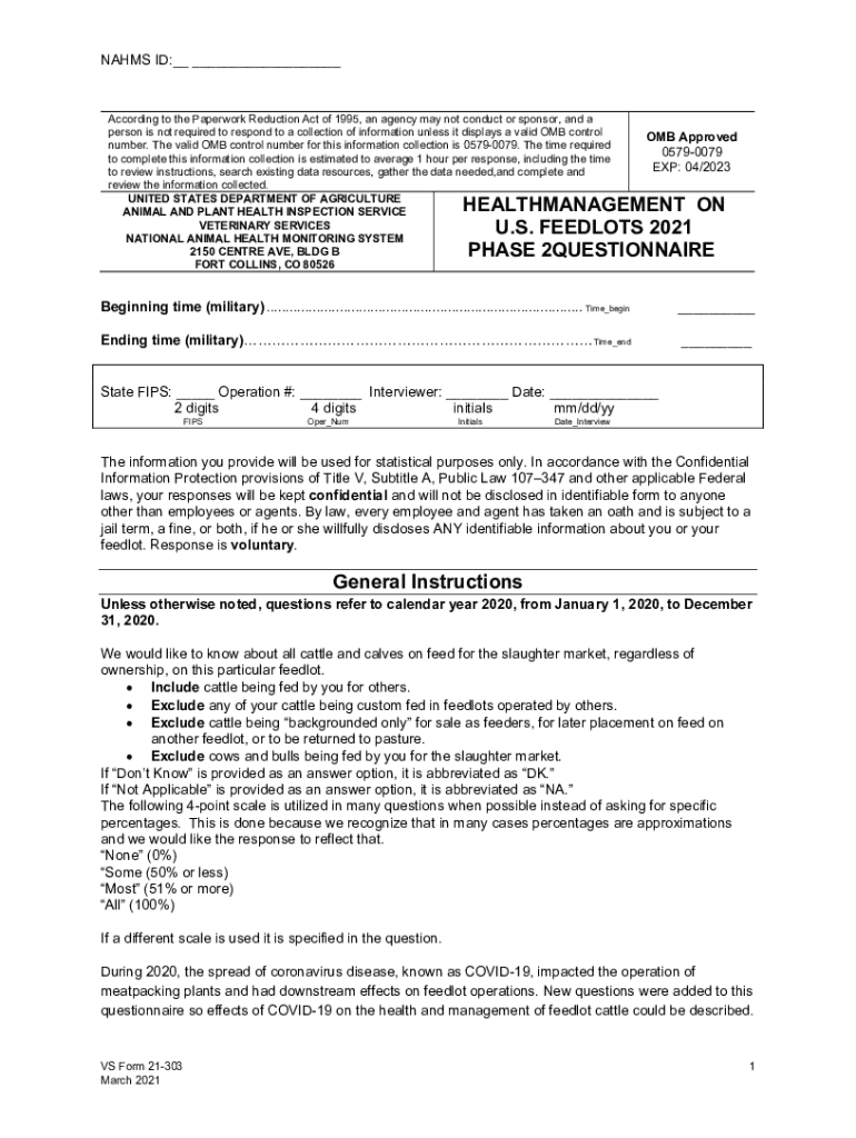 Fillable Online Feedlot Health 2021 VS Form 21-303 Phase 2 Quetionnaire Fax Email Print - pdfFiller