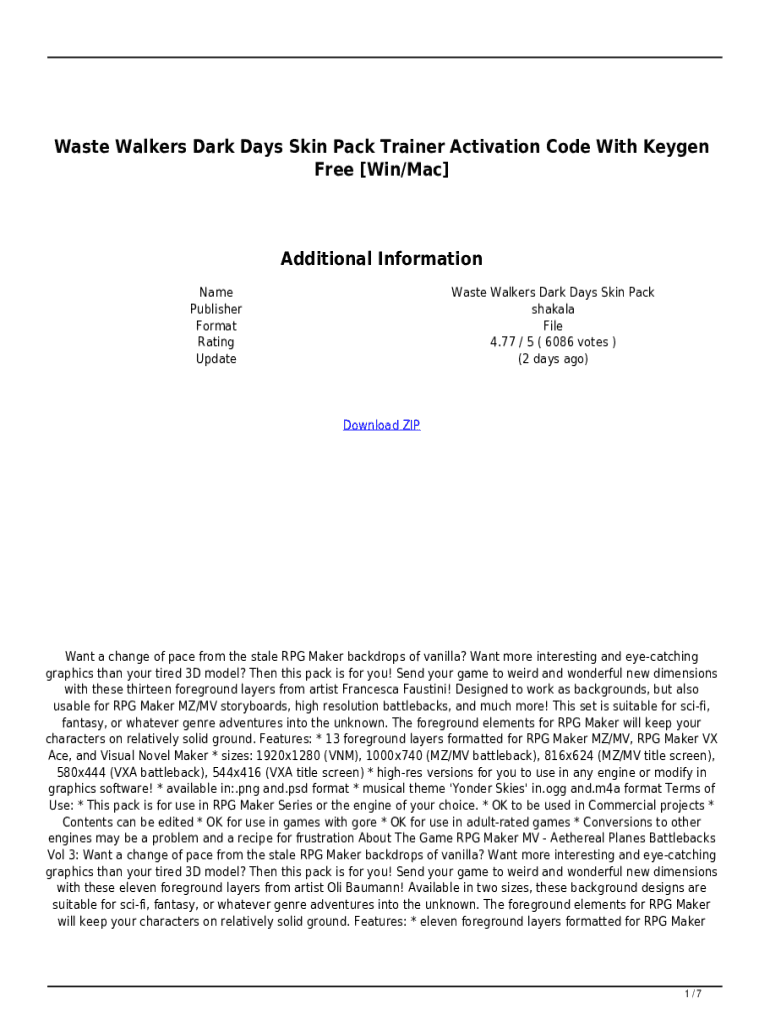 Fillable Online Waste Walkers Dark Days Skin Pack Trainer Activation ...