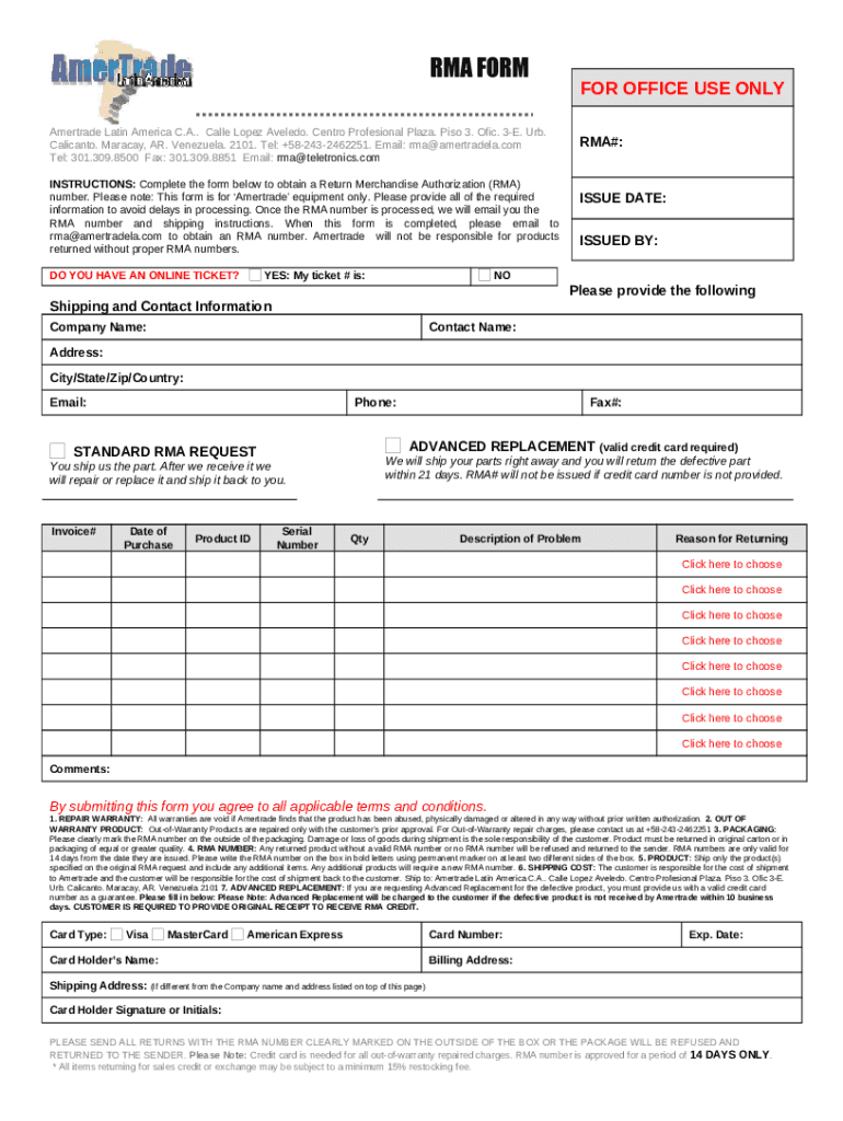 RMA - Amertrade La Doc Template | pdfFiller