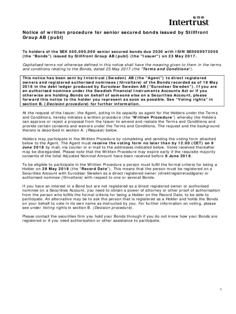 Fillable Online Notice of written procedure for senior secured bonds ...
