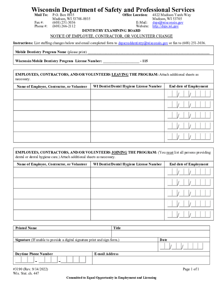 Fillable Online dsps wi #3190, Notice of Employee, Contractor, or ...