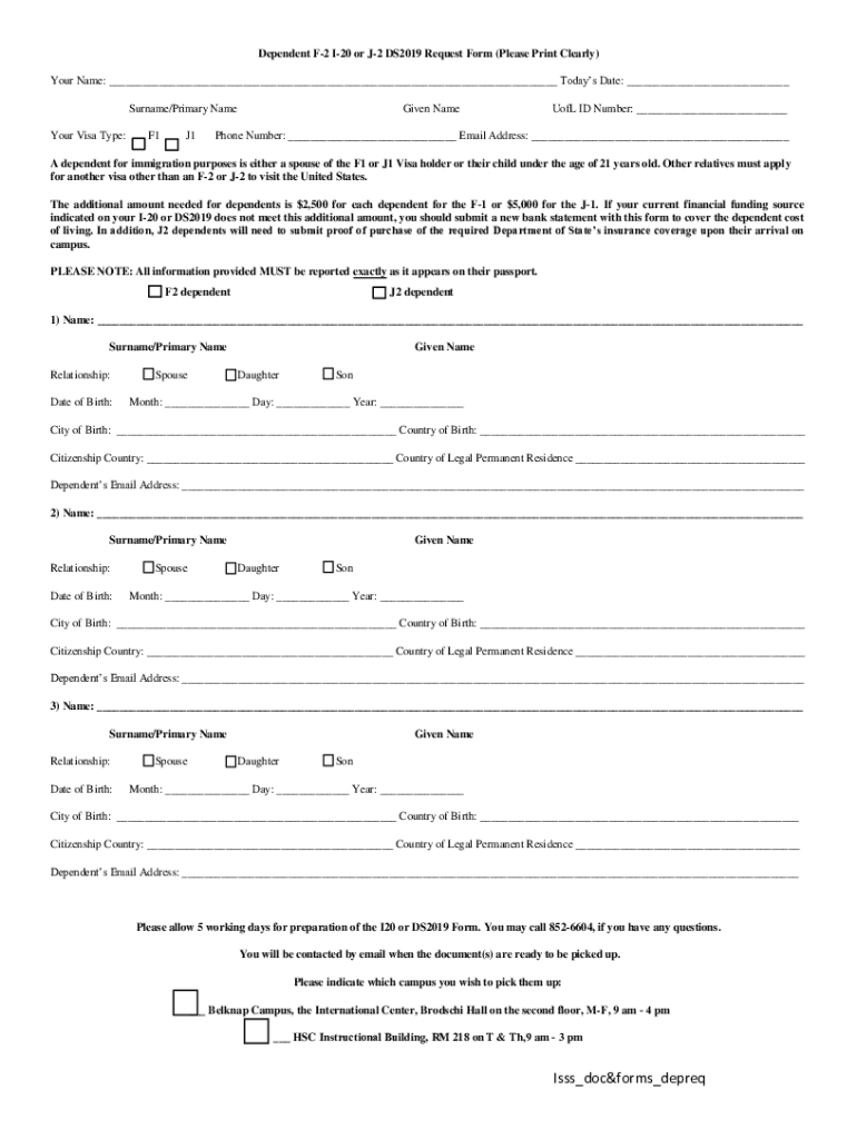 Fillable Online louisville.eduinternationalcenterisssDependent F-2 I-20 or J-2 DS2019 Request ...
