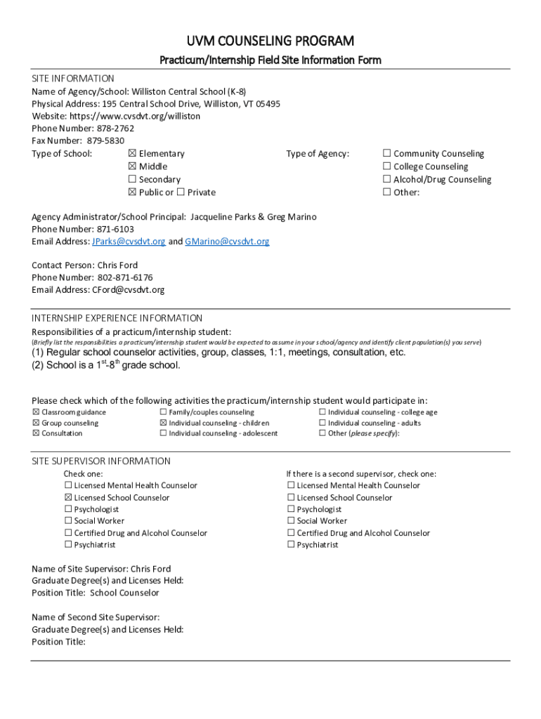 Fillable Online UVM Counseling Program - Practicum/Internship Field Site Information Form ...