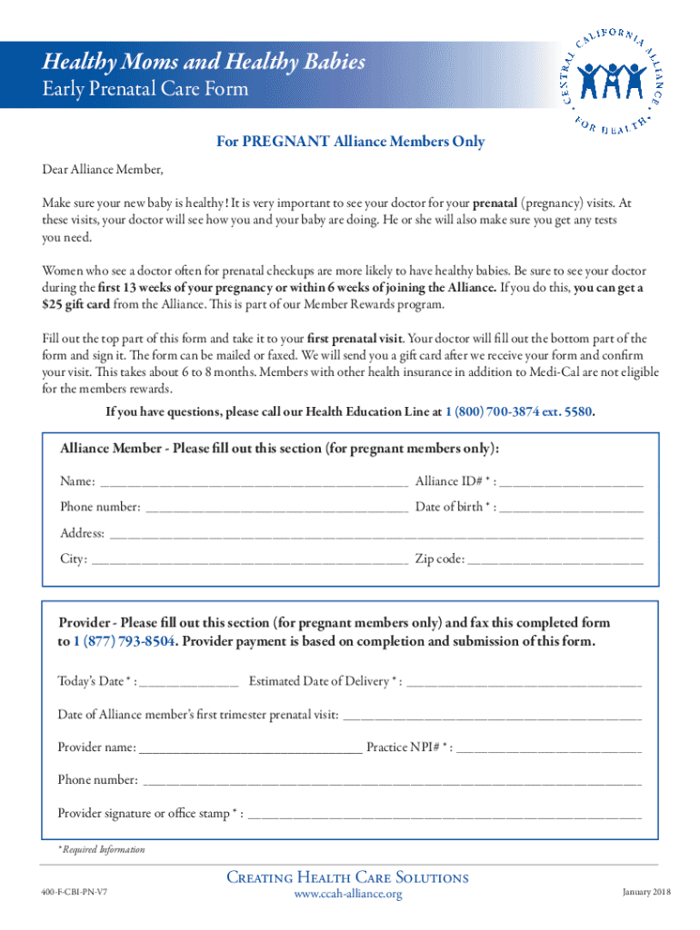 Fillable Online Healthy Moms and Healthy Babies - Early Prenatal Care ...