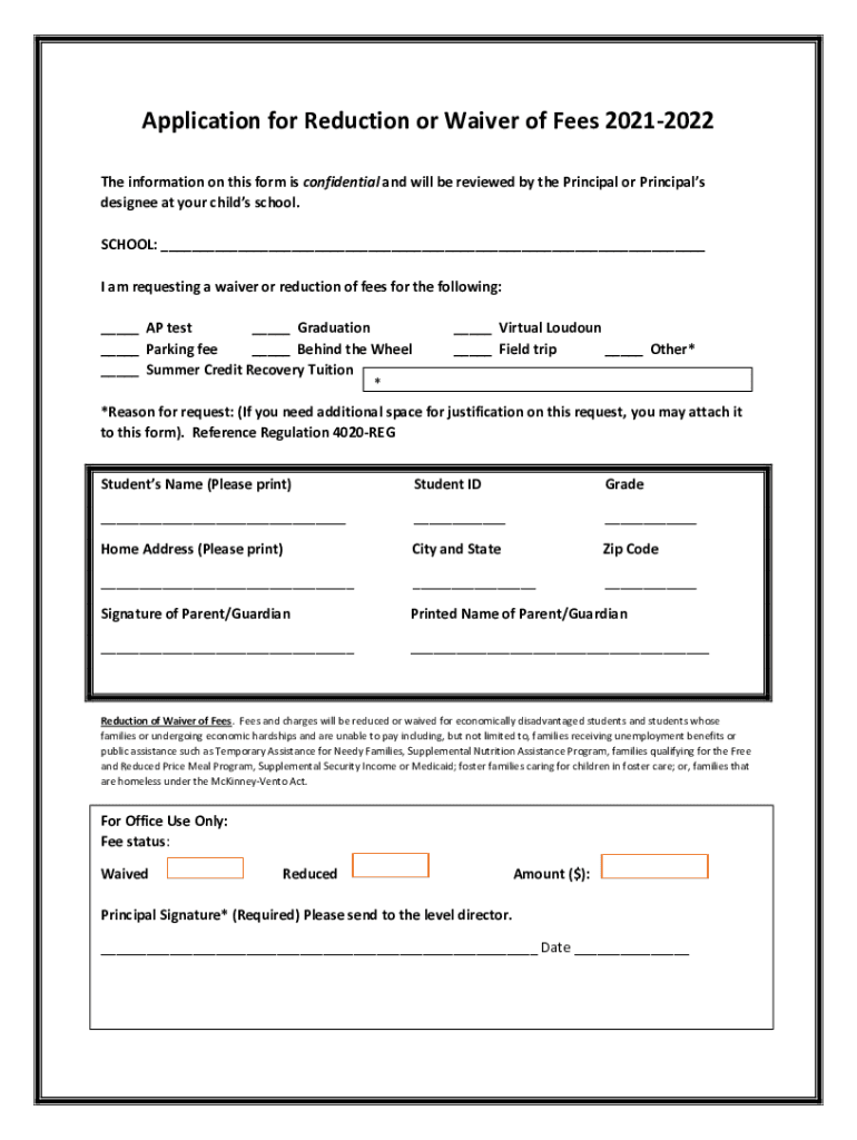 Fillable Online Application for Reduction or Waiver of Fees 2021-2022 ...