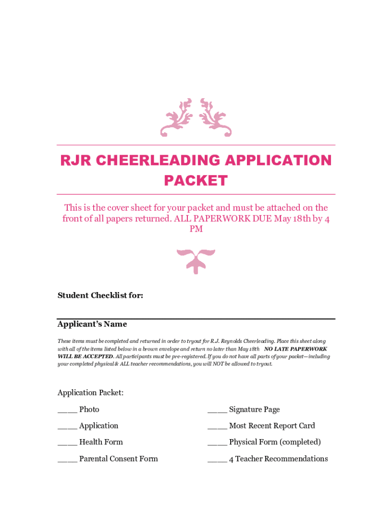 Fillable Online RJR CHEERLEADING APPLICATION Packet. This is the cover ...