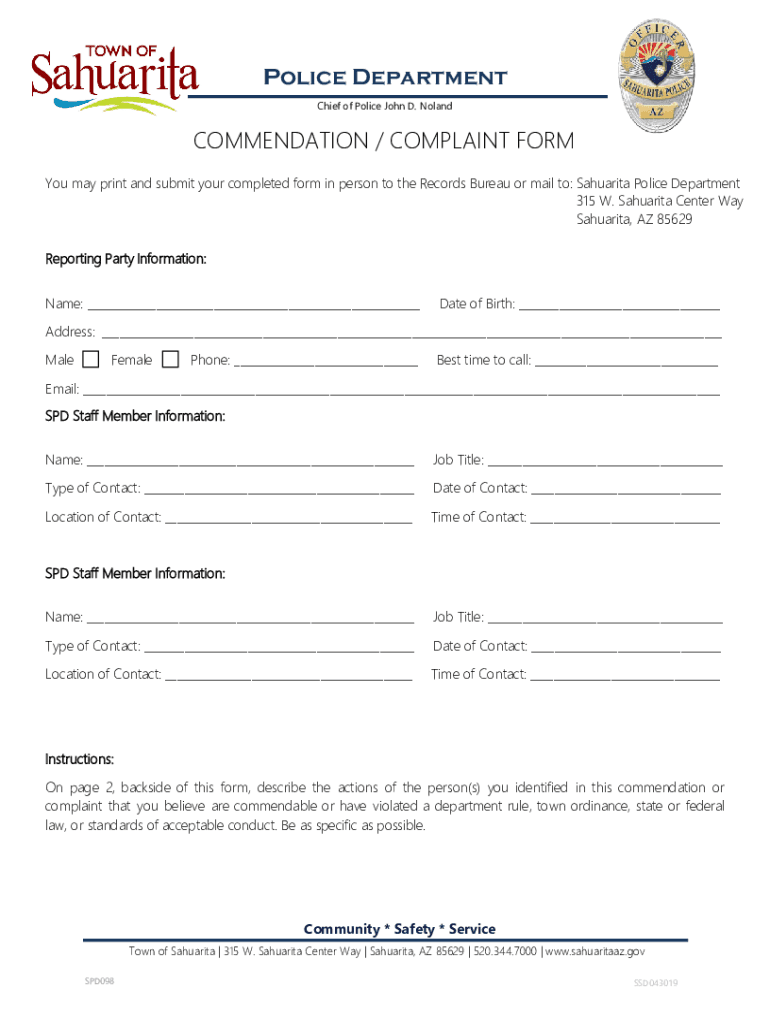 Fillable Online Police Department COMMENDATION / COMPLAINT FORM Fax ...