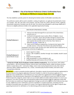 Fillable Online City of San Ramon Preference Criteria Confirmation Form ...