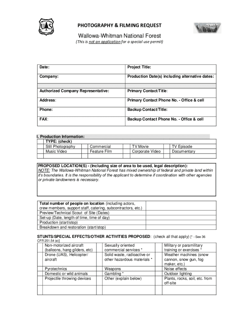 Fillable Online PHOTOGRAPHY & FILMING REQUEST Wallowa-Whitman National ...