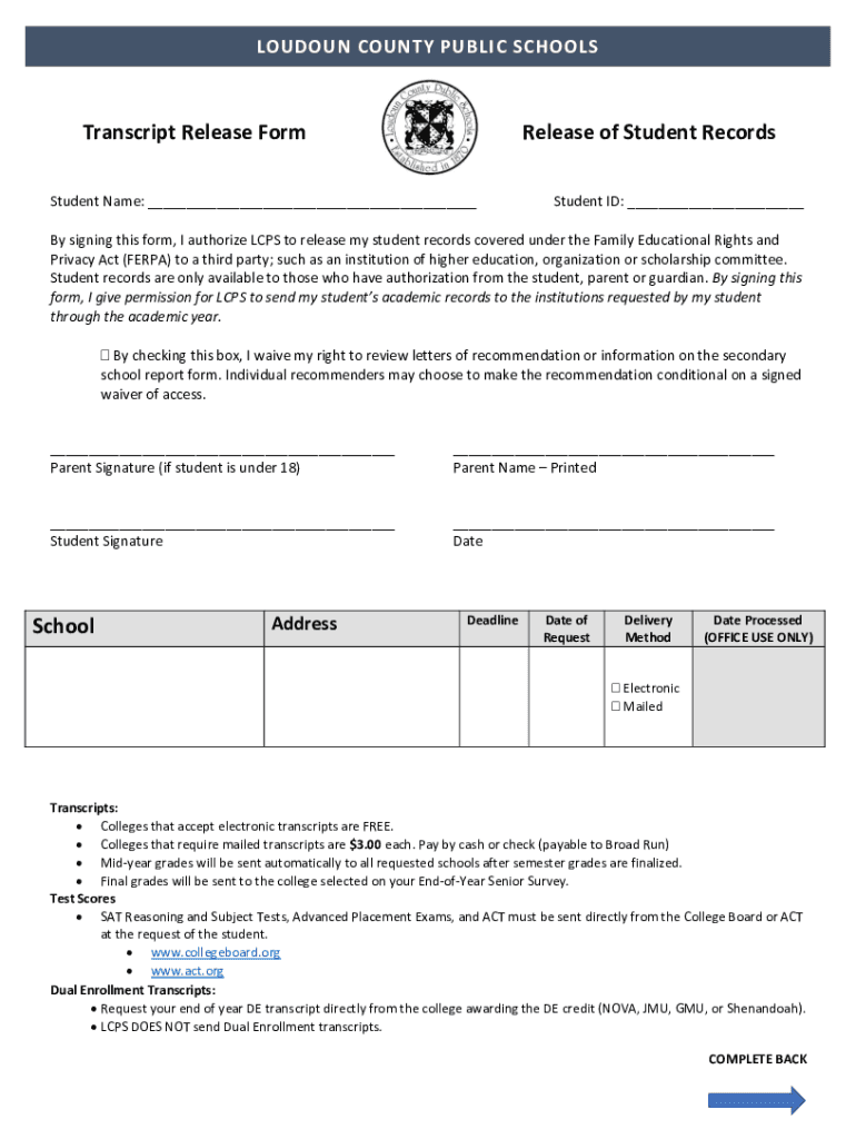Fillable Online LCPS Transcript Release Form - Loudoun County Public ...