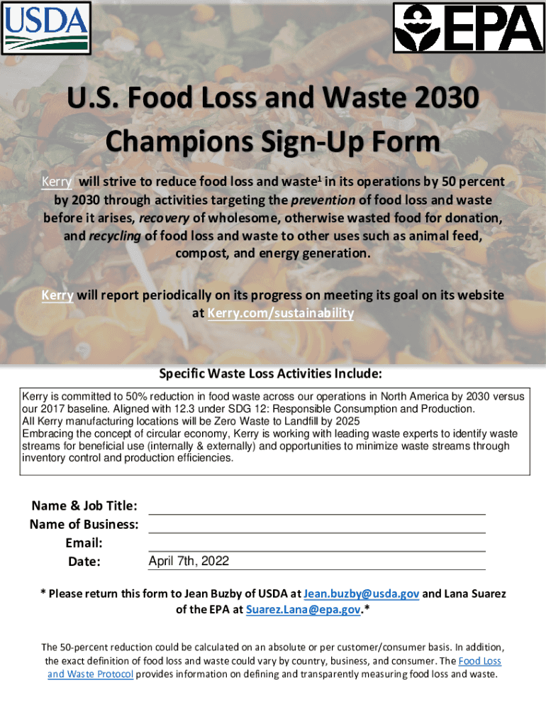Fillable Online U.S. Food Loss and Waste 2030 Champions Sign-Up Form ...