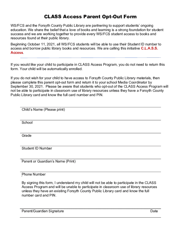 Fillable Online CLASS Access Parent Opt-Out Form Fax Email Print ...