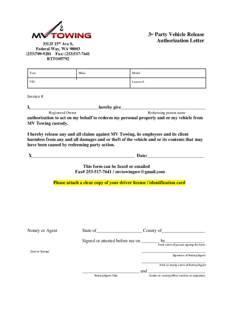 Fillable Online www.letters.orgrelease-lettervehicle-releaseVehicle ...