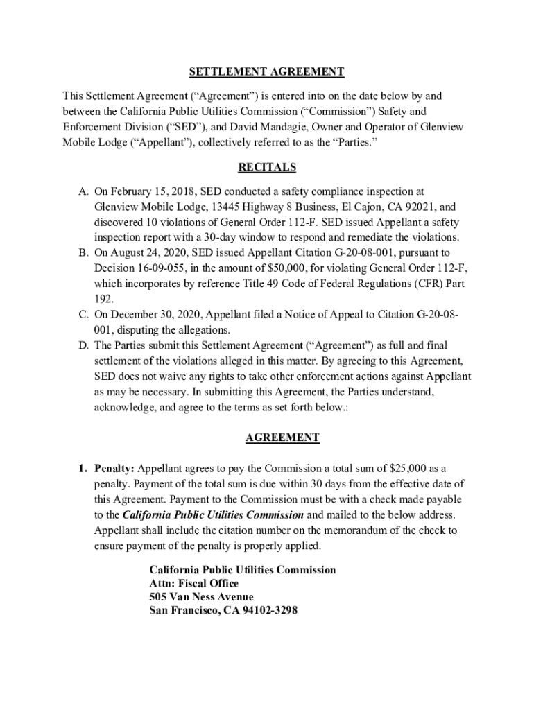 Fillable Online docs cpuc ca www.lawinsider.comclausesettlement-agreementSettlement Agreement ...