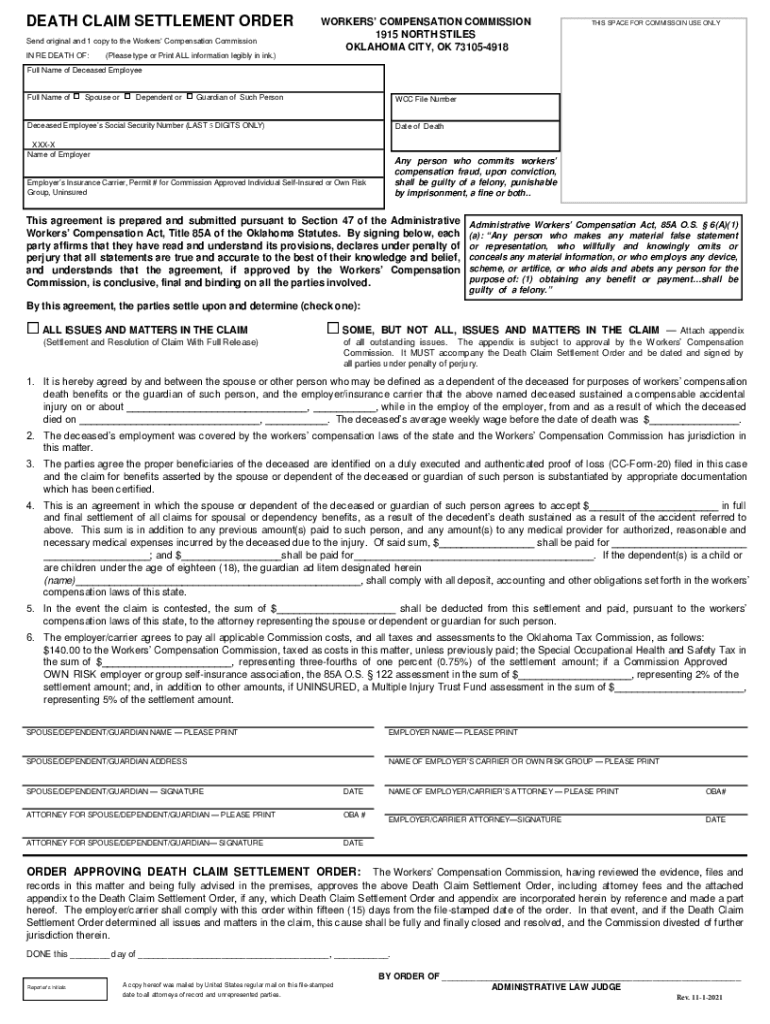Fillable Online DEATH CLAIM SETTLEMENT ORDER WORKERS COMPENSATION COMMISSION THIS ... Fax Email ...