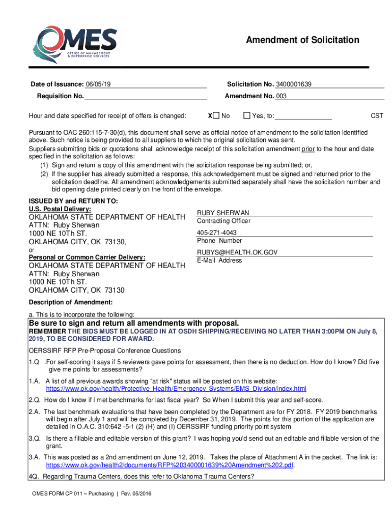 Fillable Online Amendment of Solicitation - Oklahoma.gov Fax Email Print - pdfFiller
