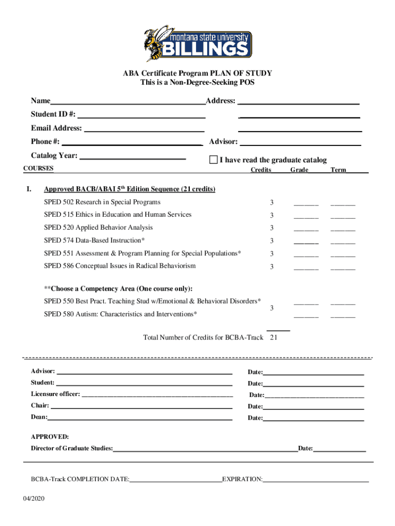 Fillable Online ABA Certificate Program PLAN OF STUDY This is a Non ...