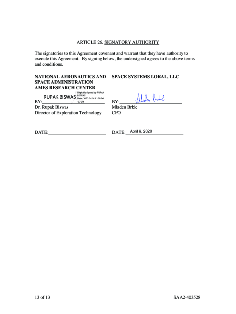 Fillable Online www.nasa.govsaadomesticNONREIMBURSABLE SPACE ACT UMBRELLA AGREEMENT NO. 31847 ...