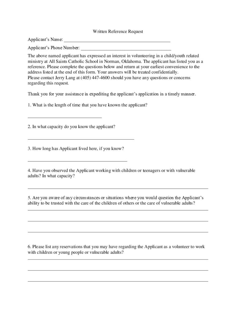Fillable Online Written Reference Request Applicant's Name Fax Email Print - pdfFiller