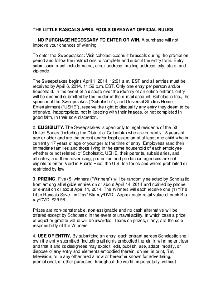 Fillable Online the little rascals april fools giveaway official rules - Scholastic Fax Email ...