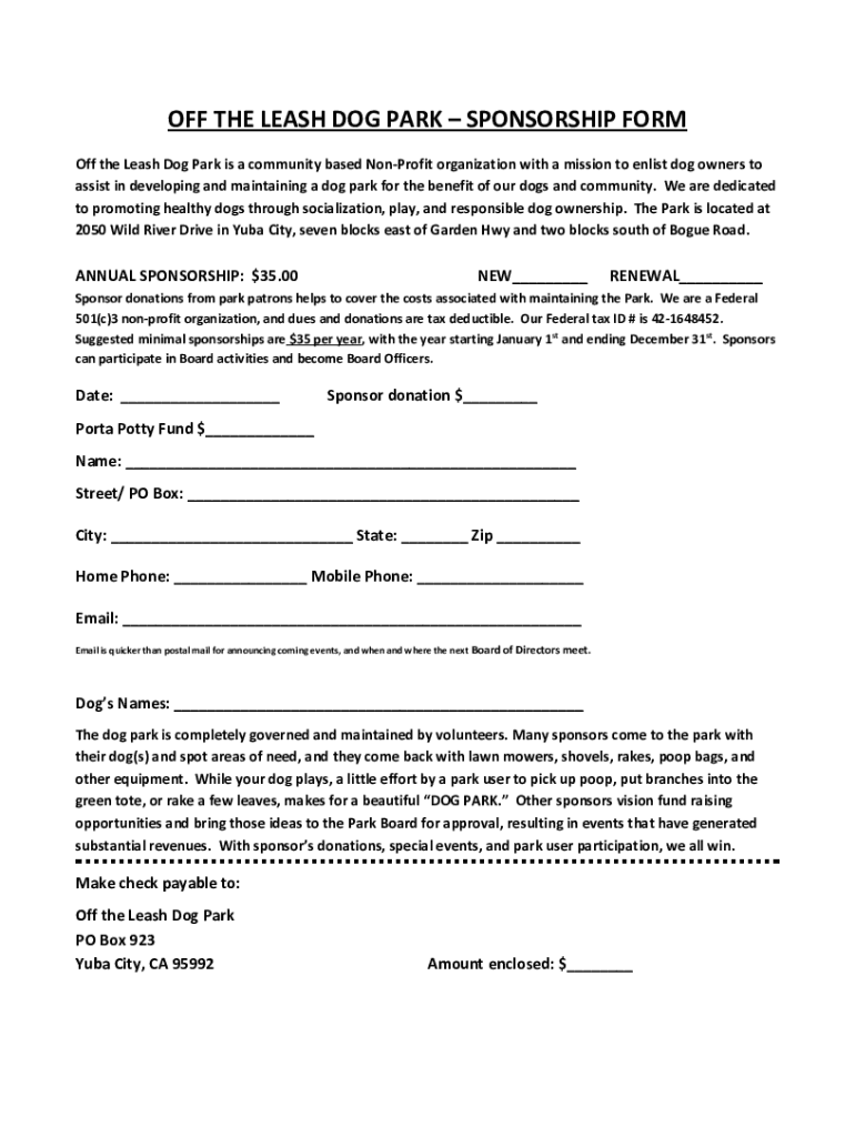 Fillable Online OFF THE LEASH DOG PARK SPONSORSHIP FORM Fax Email Print ...