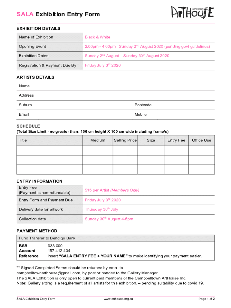 Fillable Online SALA Exhibition Entry Form - Squarespace Fax Email ...