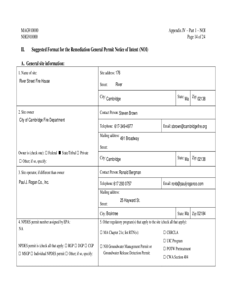 Fillable Online Remediation General Permit Notice of Intent: River St ...