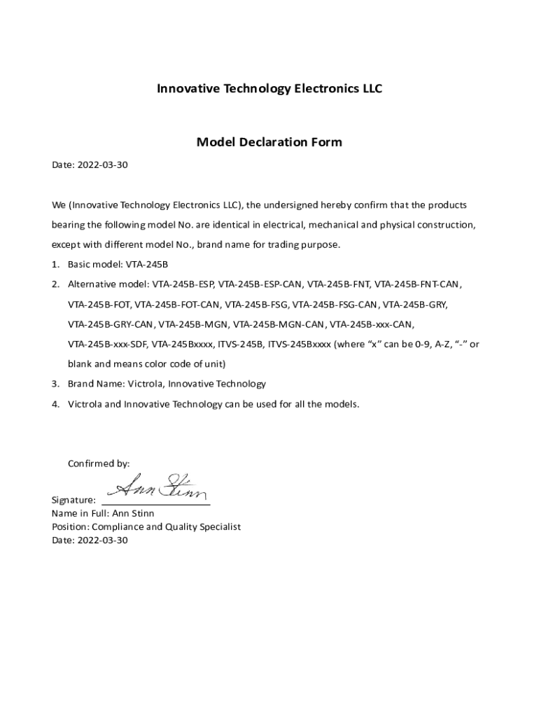 Fillable Online VTA-245B Model Declaration Form. VTA-245B Model Declaration Form Fax Email Print ...