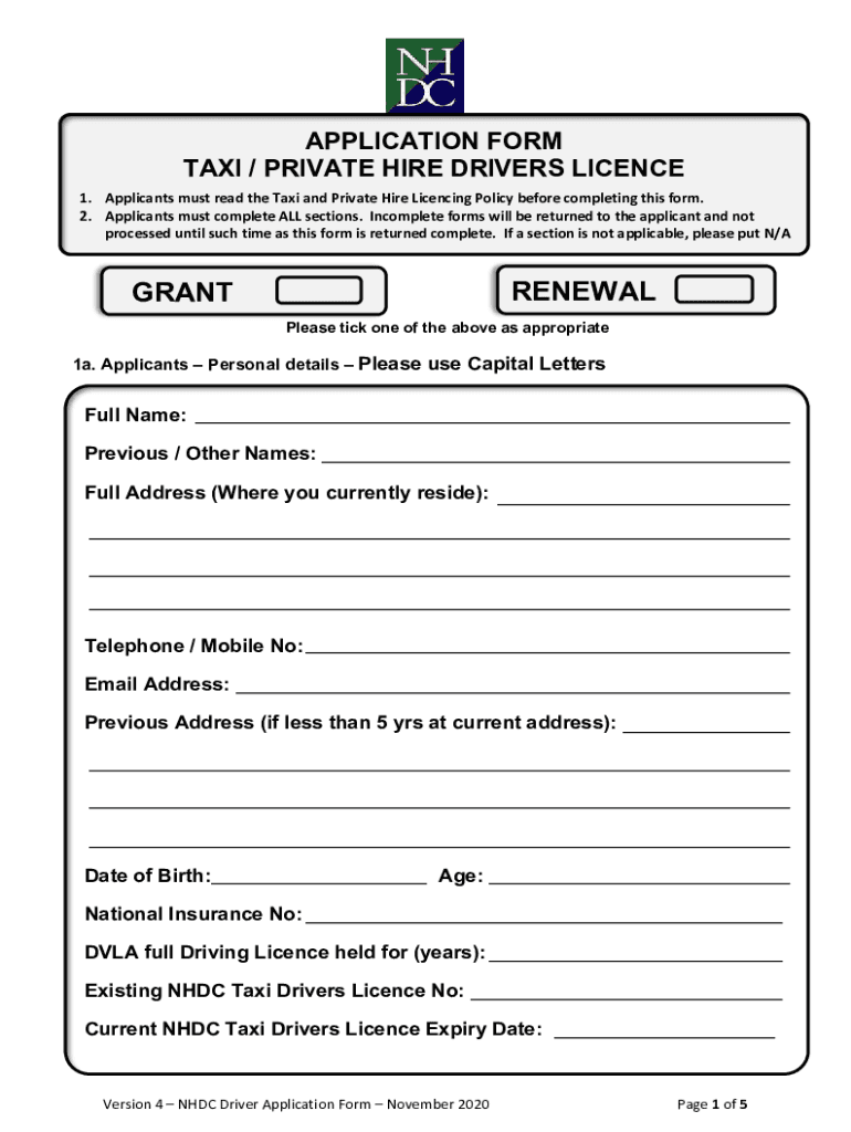 Fillable Online application form taxi / private hire drivers licence Fax Email Print - pdfFiller
