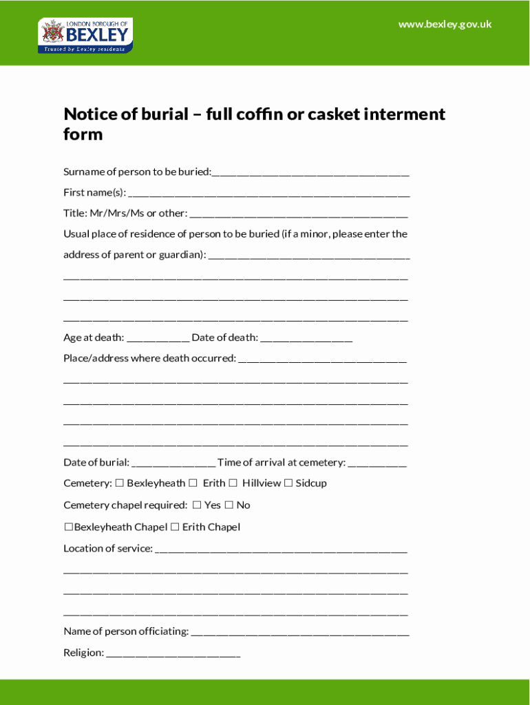 Fillable Online Notice of burialfull coffin or casket interment Fax ...