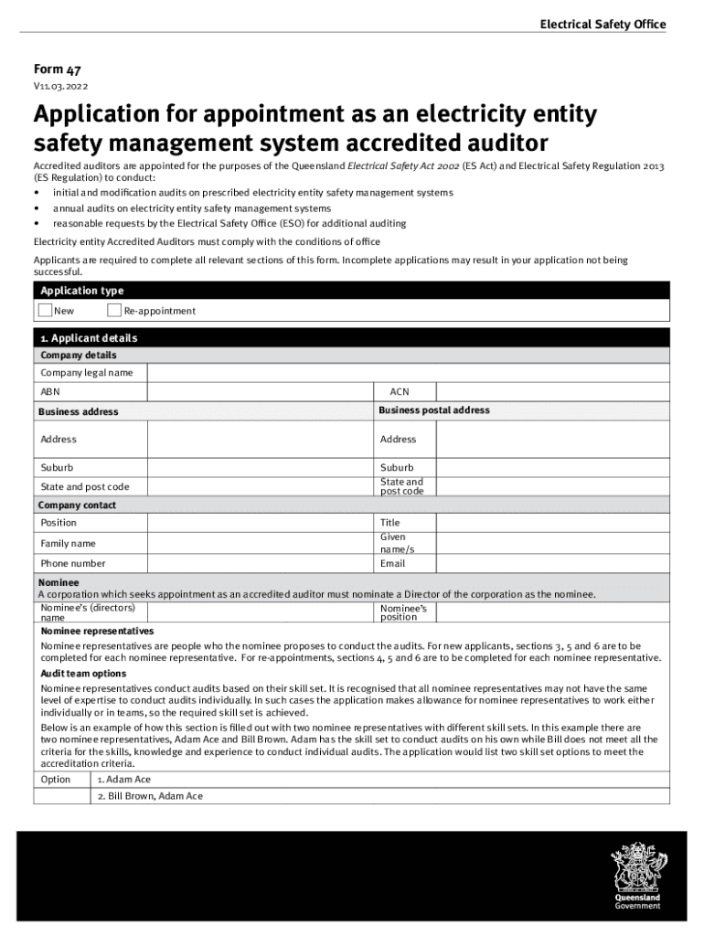 Fillable Online Form 47Application for appointment as an electricity ...