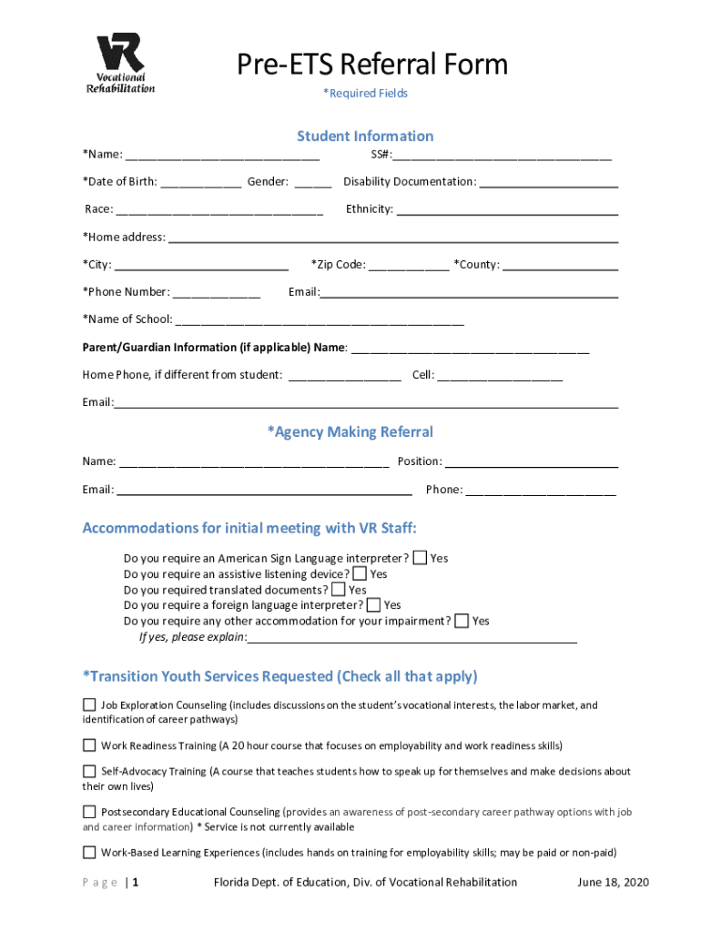 Fillable Online Pre-ETS Referral Form - Vocational Rehabilitation Fax ...