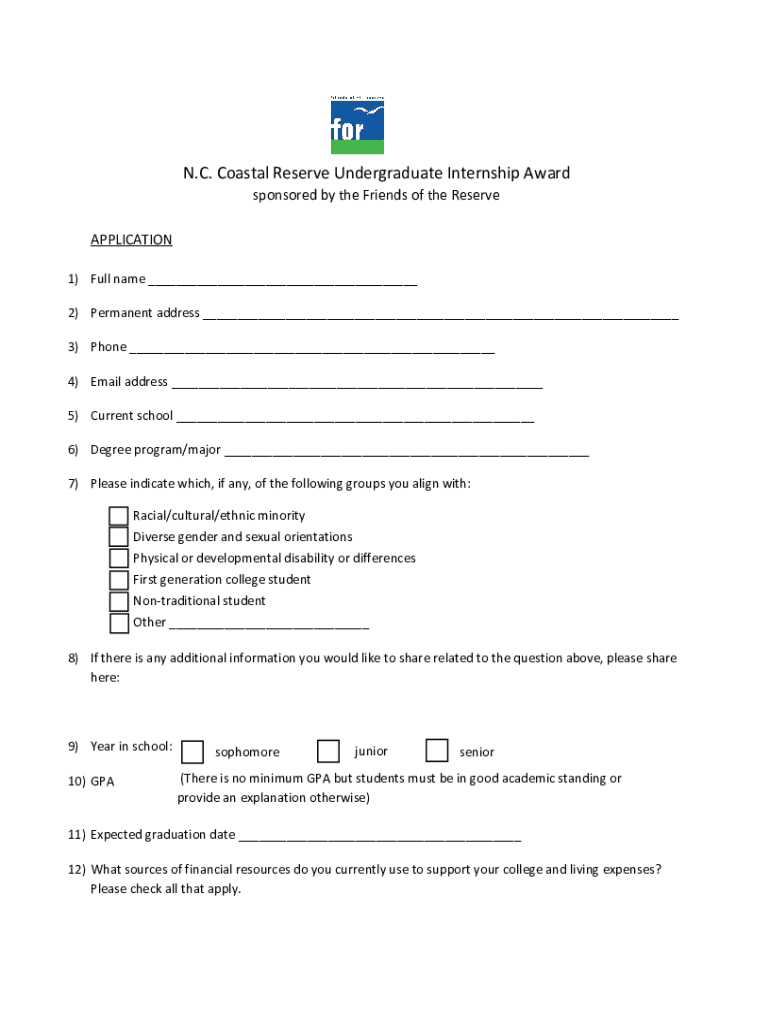 Fillable Online N.C. Coastal Reserve Undergraduate Internship Award Fax Email Print - pdfFiller